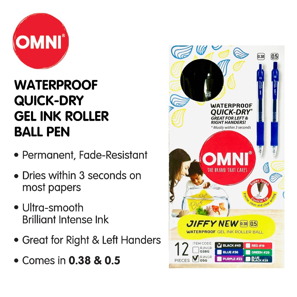 OMNI JIFFY NEW 0.5 WATERPROOF GEL INK ROLLER BALL PEN, 12pcs/ Box ...