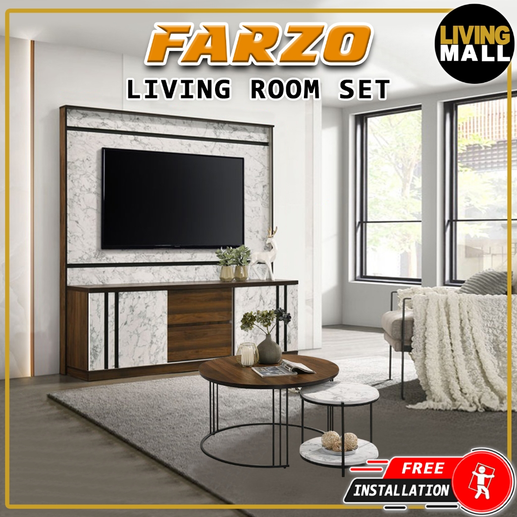 Living Mall Farzo TV Console and Coffee Table Furniture Set Walnut Colour w/ Marble Design ...
