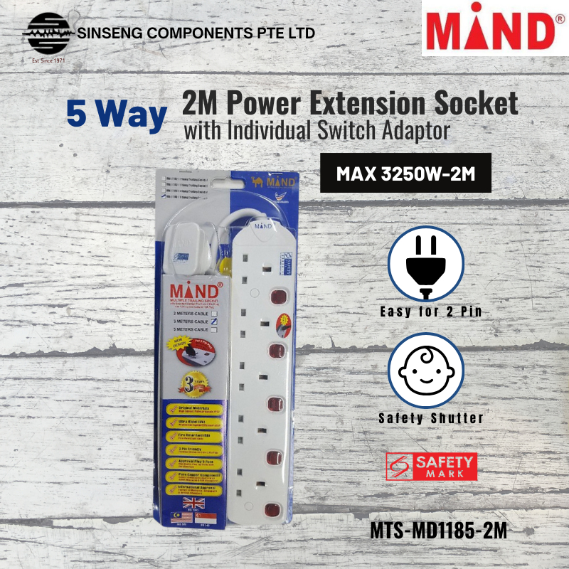 MIND 5 Way Extension Socket Power Strip | Individual Switches | 2M Cord ...