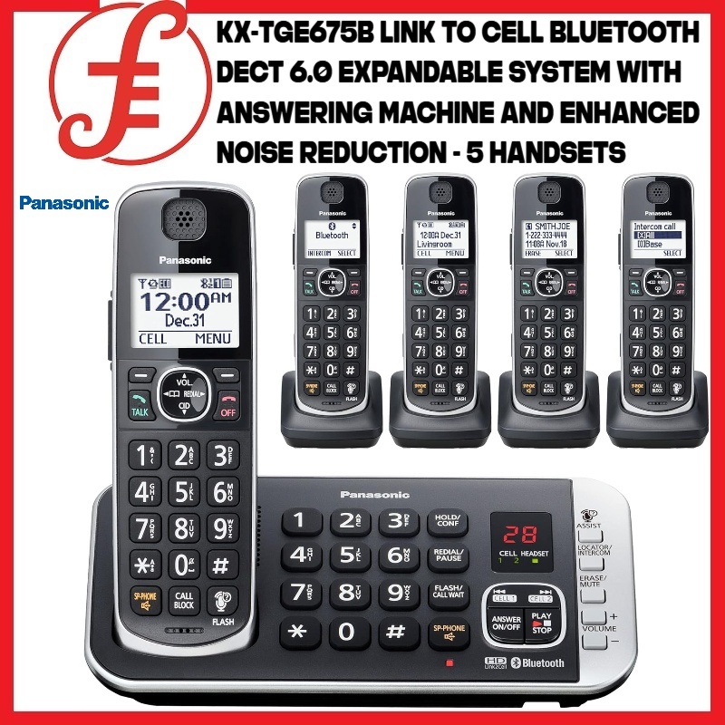 Panasonic KX-TGE675B Link To Cell Bluetooth DECT 6.0 Expandable System ...