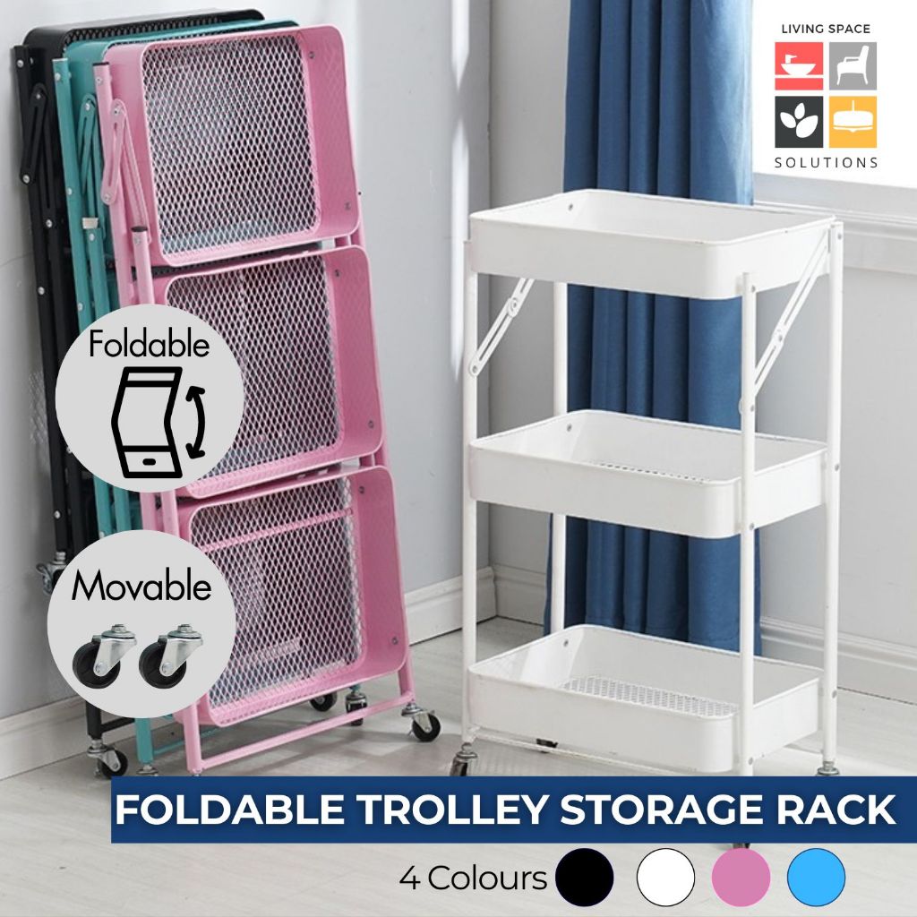 [Sg Seller] 3 Tier Foldable Storage Trolley Multi-purpose Rolling Cart ...