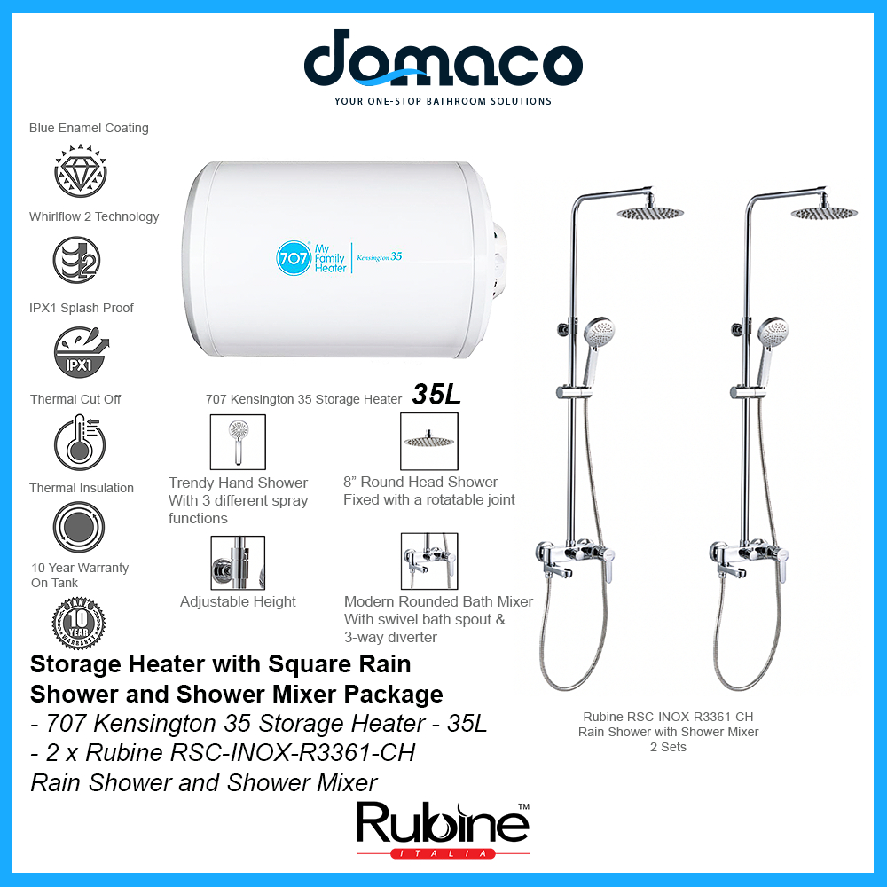 707 Storage Heater with Rubine Round Rain Shower and Shower Mixer ...