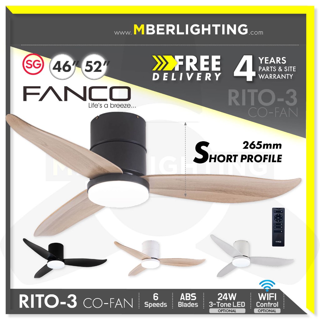 FANCO CO-FAN Rito 3 DC Ceiling Fan With LED Light 46/52"(Optional Fan ...