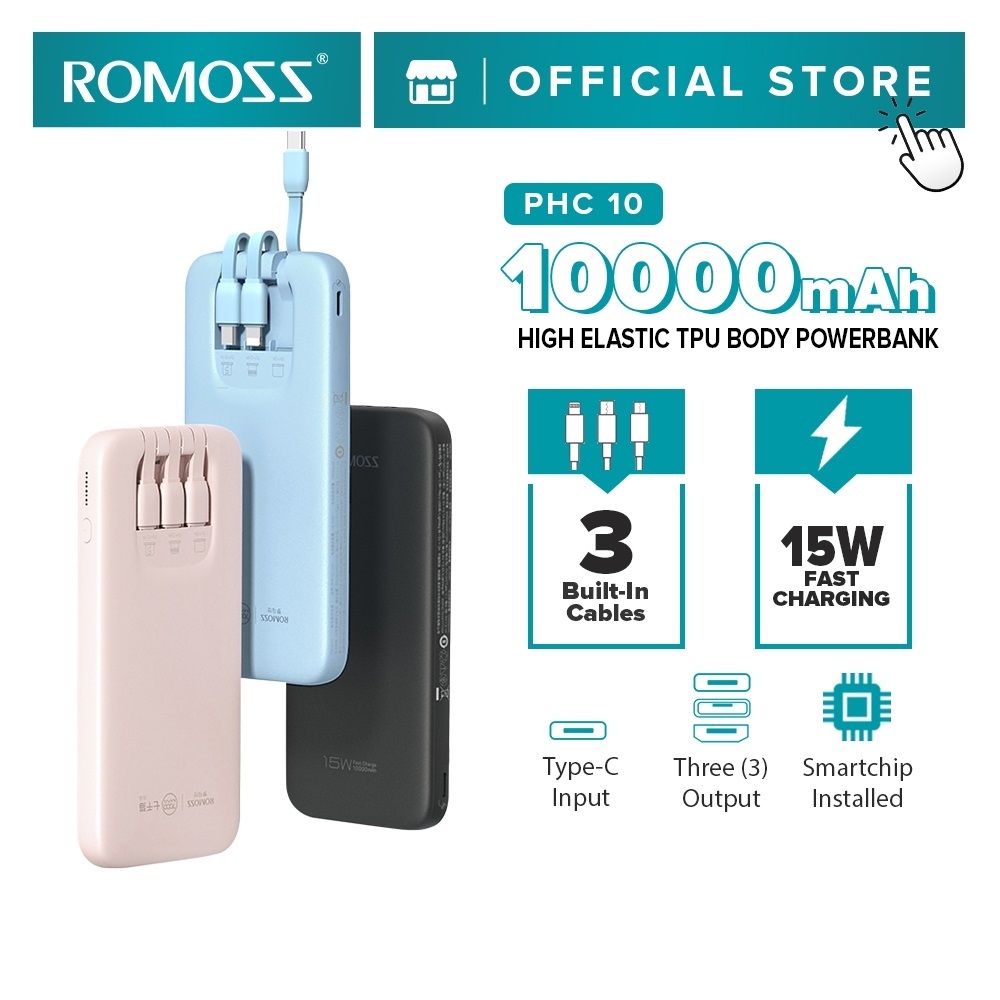 ROMOSS PHC10 10000mAh Power Bank Built in Lightning / Type-C / Micro ...