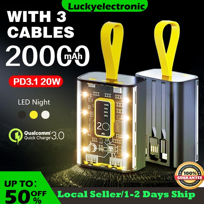 【SG】 20000mah Transparent Powerbank Built-in 3 Cables Mini Power Bank ...