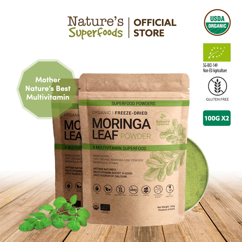 Bundle Deal: Nature's Superfoods Organic Raw Moringa Leaf Powder 100g Pack x 2 l Natural ...
