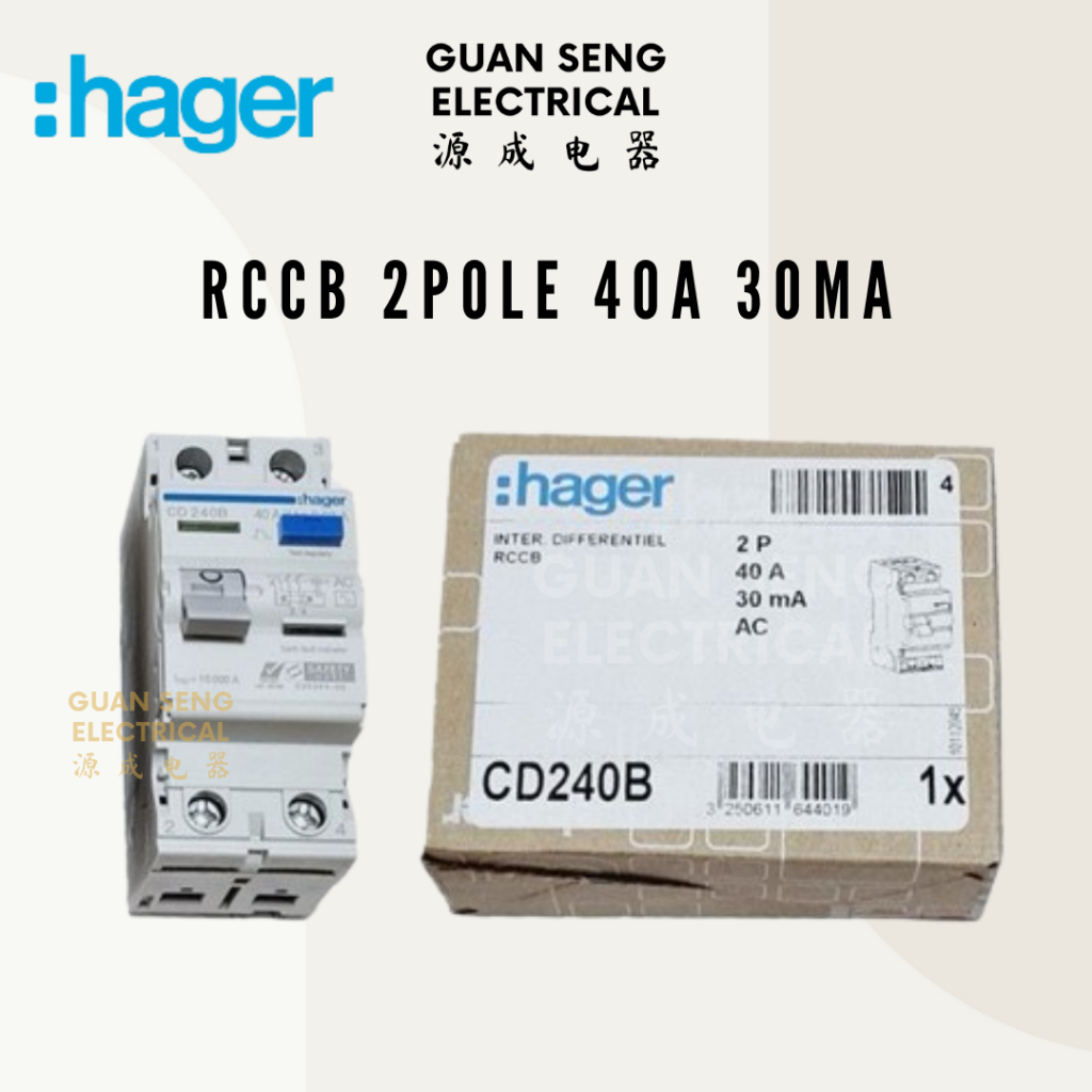 Hager Double Pole 2P RCCB 40A 30mA CD240B | Guan Seng Electrical | Shopee Singapore