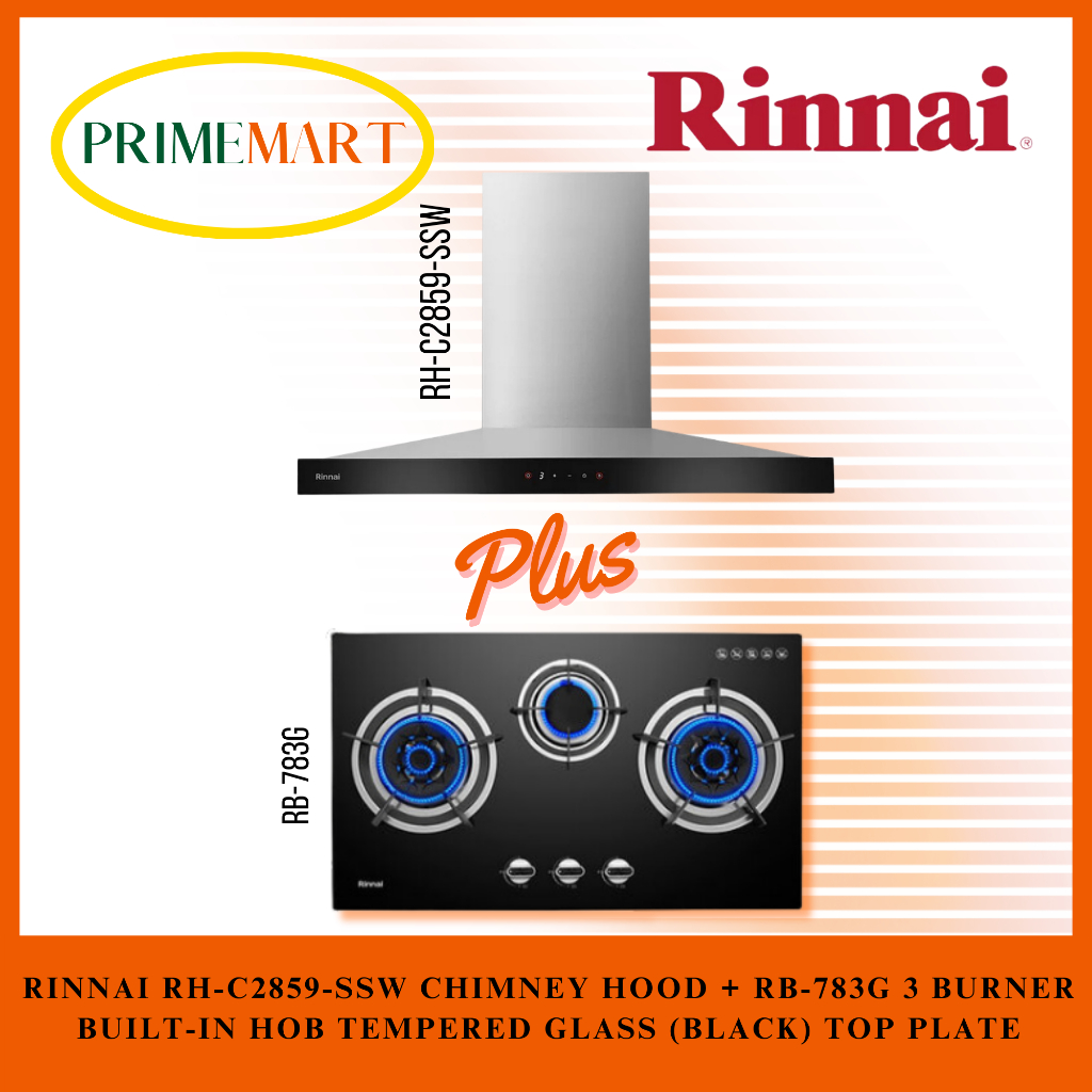 RINNAI RH-C2859-SSW CHIMNEY HOOD +RB-783G 3 BURNER BUILT-IN HOB TEMPERED GLASS (BLACK) TOP PLATE ...