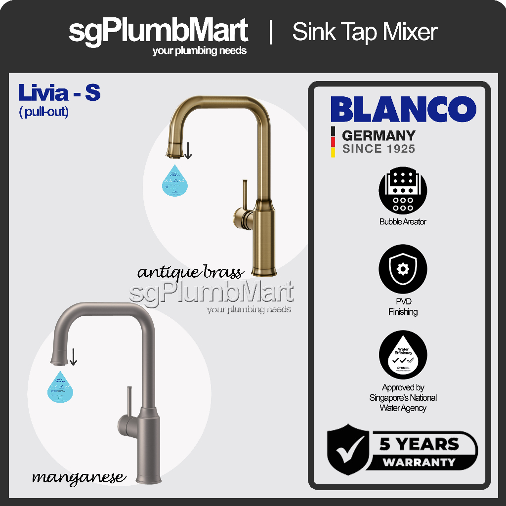 Blanco x sgPlumbMart Livia-S (Antique Brass/Manganese) Pull-Out Kitchen ...
