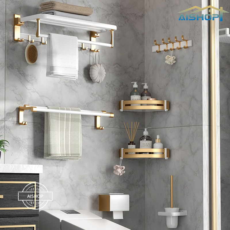 [SG Stock]White/Gold Bathroom Towel Rack Toilet Rack Aluminum Shampoo ...