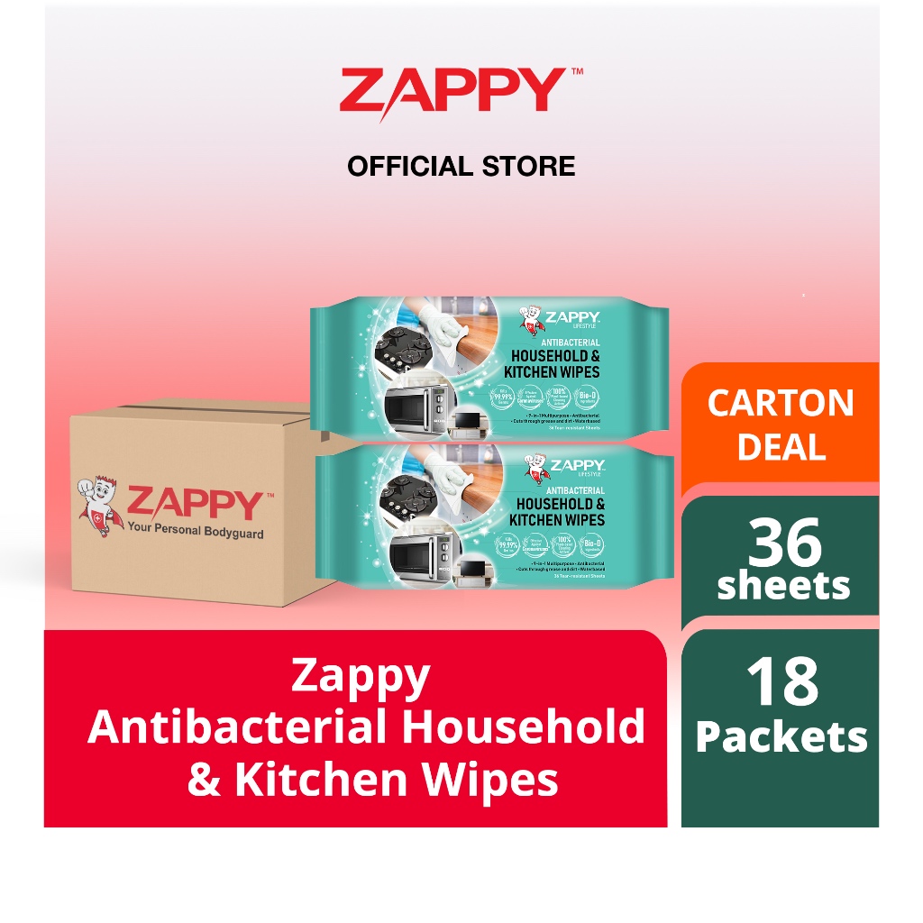 Zappy Lifestyle Antibacterial Household & Kitchen Wipes 36 Sheets (6 ...
