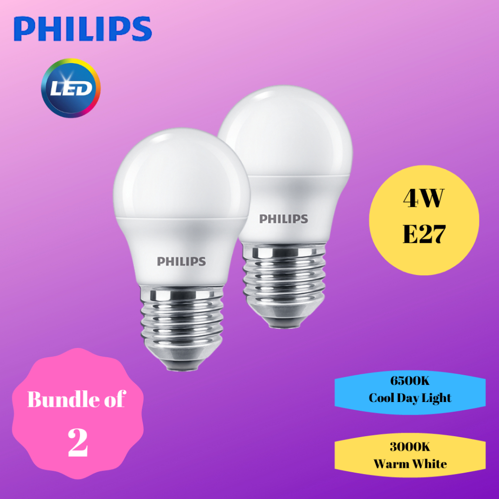 (Bundle of 2) Philips 4W LED E27 cap (Cool Day Light / Warm White) Non ...