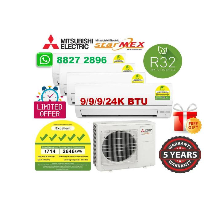 5 TICKS MITSUBISHI STARMEX R32 MULTI-SPLIT SYSTEM 4 AIRCON + FREE ...