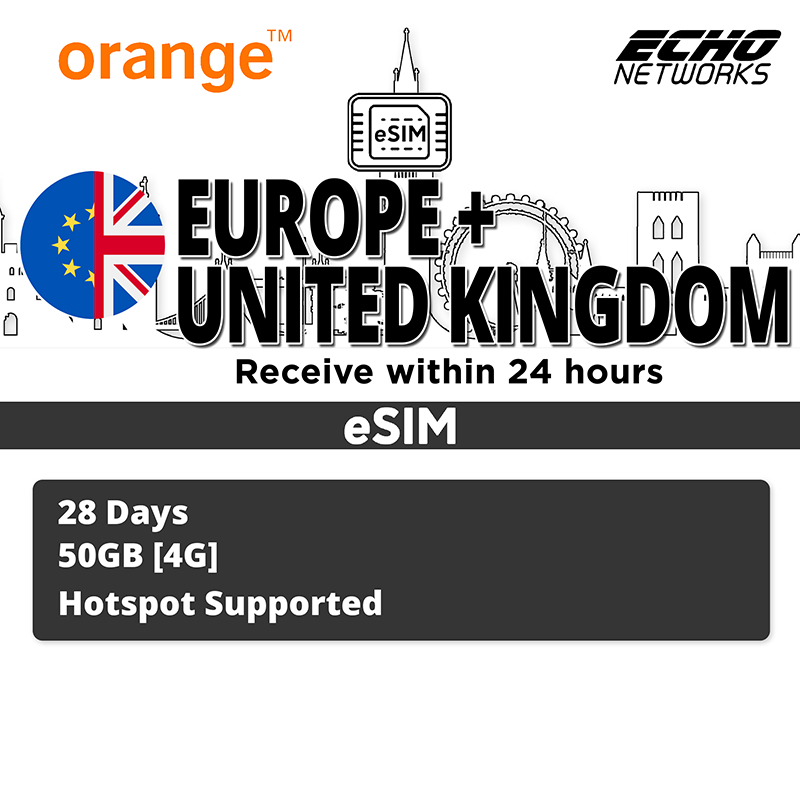 [eSIM- Orange] Europe/UK | 14/28 Days | 10GB/12GB/30GB/50GB(4G) Data + Unlimited Calls/SMS | No ...