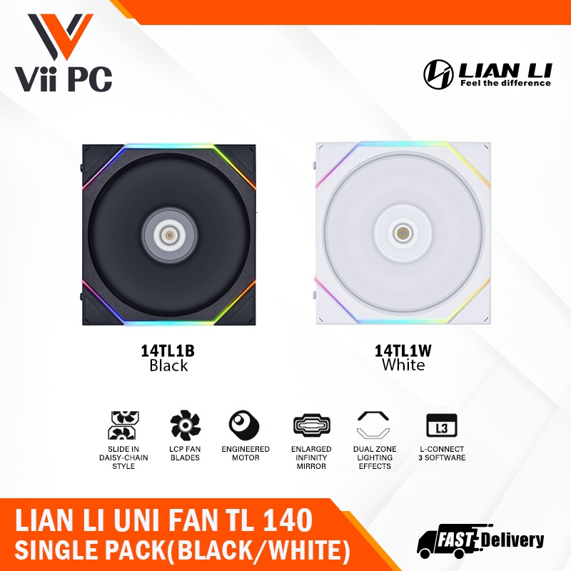 LIAN LI UNI FAN TL140 RGB Single Pack BLACK/WHITE Cooler - 3 Yrs Wty ...