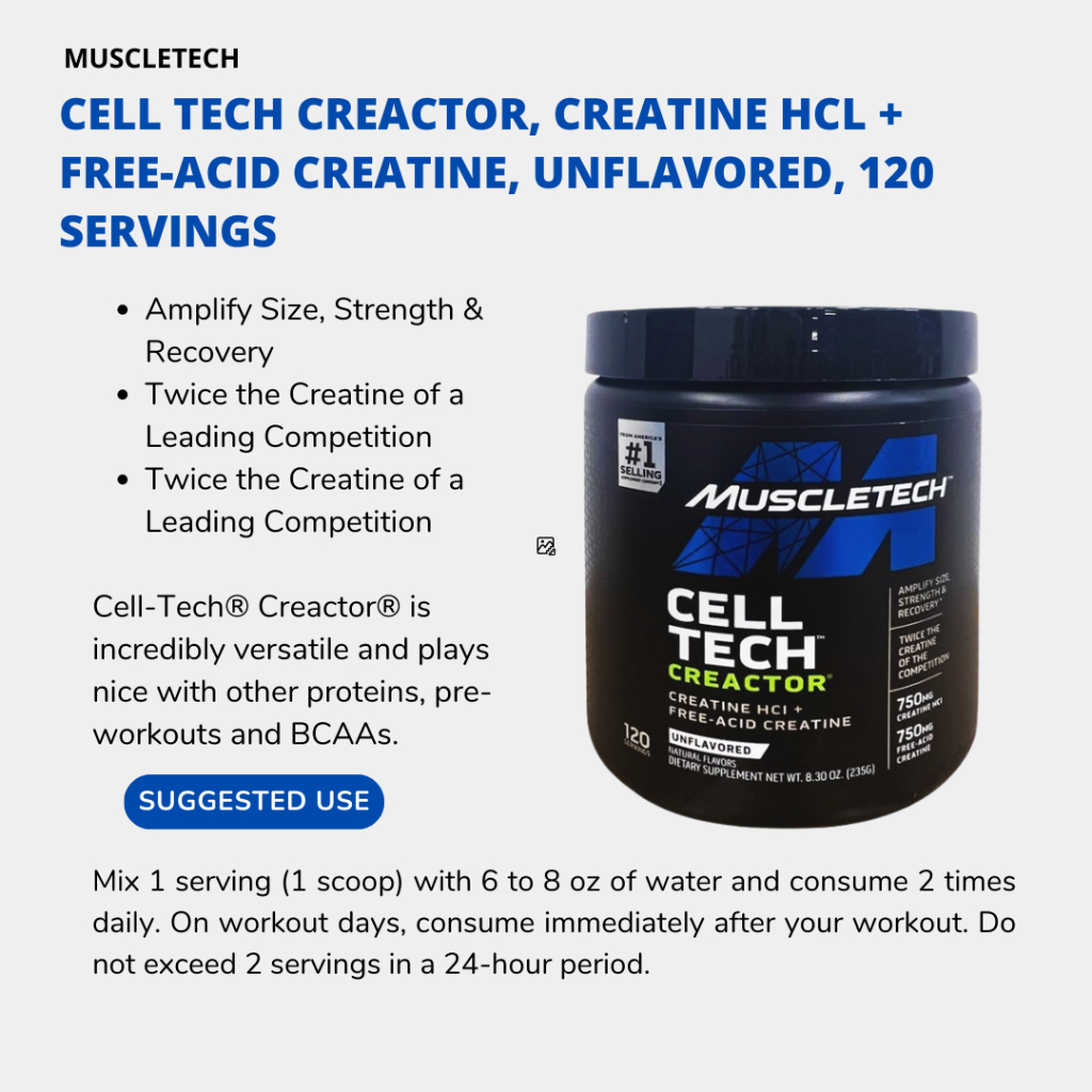 MuscleTech Cell Tech, Creatine HCI, Free-Acid Creatine, Increase ...