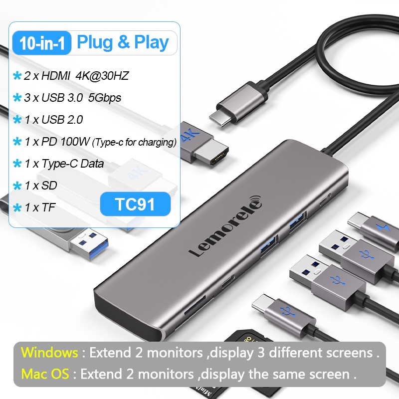 Lemorele Usb C Hub Docking Station Laptop Type C Dock Hdmi Splitter ...