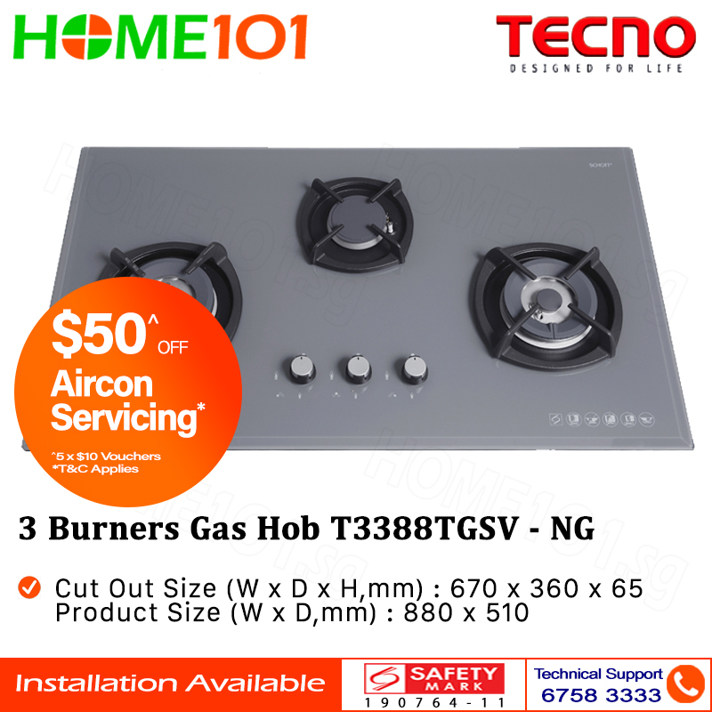 Tecno Glass Cooker Hob 3 Burners T3388TGSV - Nardo Grey - LPG / PUB ...