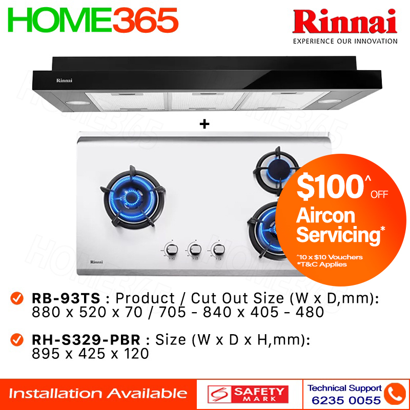 Rinnai Slimline Hood 90cm RH-S329-PBR & Built-In Hob RB-93TS - LPG / PUB | Shopee Singapore