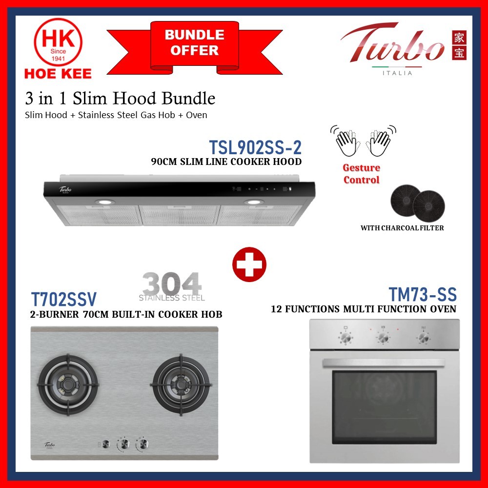 (BUNDLE) TURBO TSL902T-2-SS 90CM CHIMNEY HOOD + TURBO T702SSV 2-BURNER S/S GAS HOB + TURBO TM73 ...