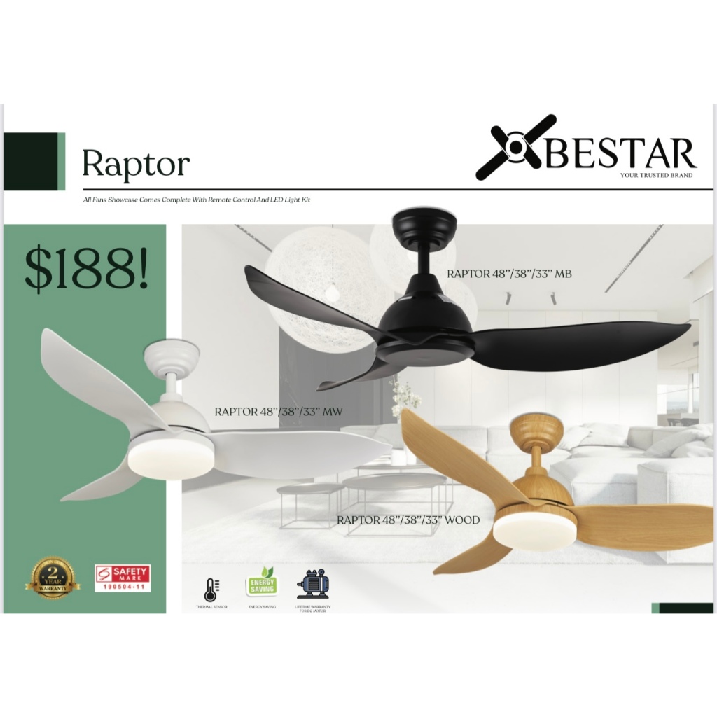 BESTAR RAPTOR 33'' / 38'' / 48'' 3 BLADE DC MOTOR CEILING FAN WITH 3 ...