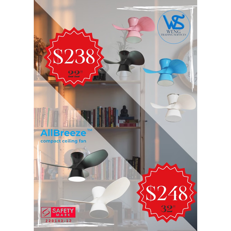 AllBreeze 22" & 32” Ceiling Fan with light & remote control | Shopee ...