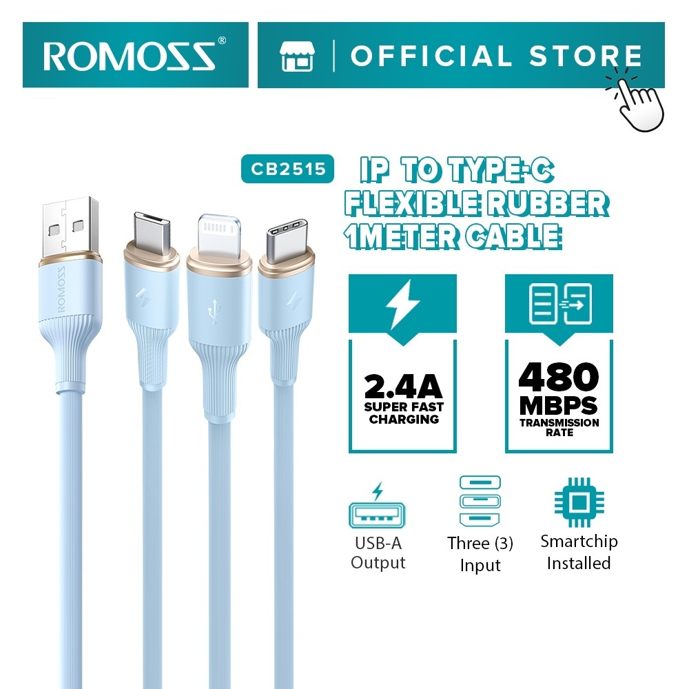 Romoss 3in1 1.2M CB2515 USB to Micro Type-C 480Mbs Max Fast Charging ...