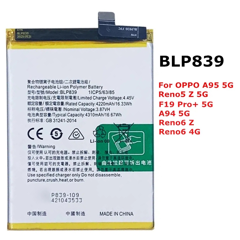 Battery Replacement for OPPO BLP839 4310mAh A95 5G Reno5 Z 5G F19 Pro+ ...