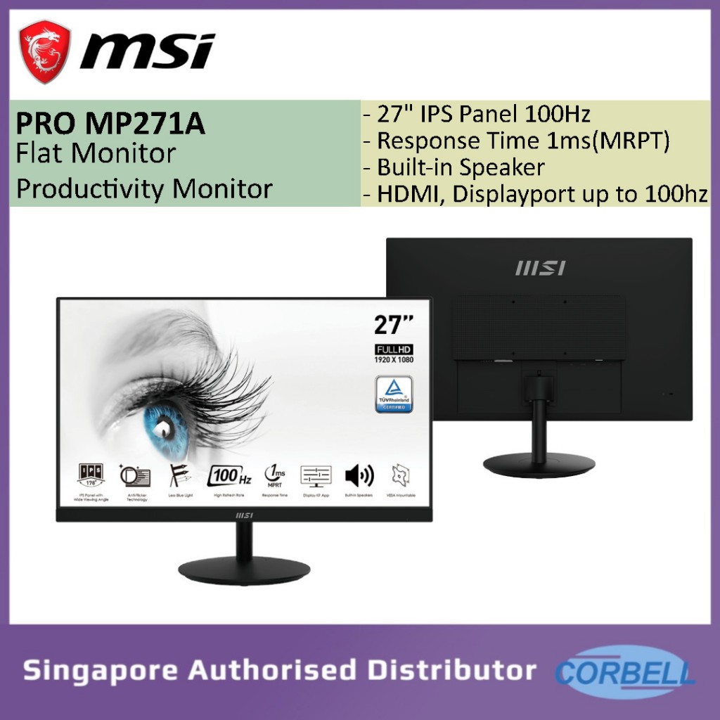 MSI PRO MP271A 27" Flatscreen Monitor /FHD/IPS Panel/100hz/1ms/Less Blue Light/Anti-Flicker ...