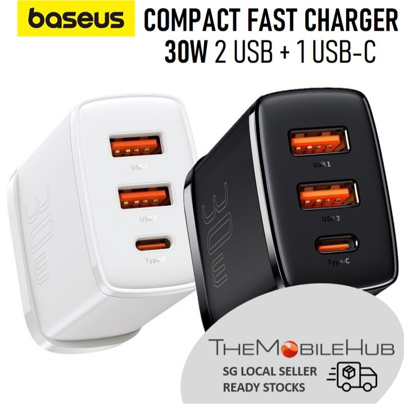 Baseus Compact 30W Fast Charger 2 USB + 1 USB-C 3-Pins Wall Adapter Plug UK Charger | Shopee ...