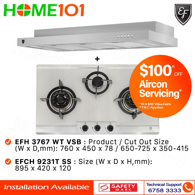EF Semi Integrated Hood 90cm EFCH 9231T SS & Built In Hob 3 Burners EFH ...