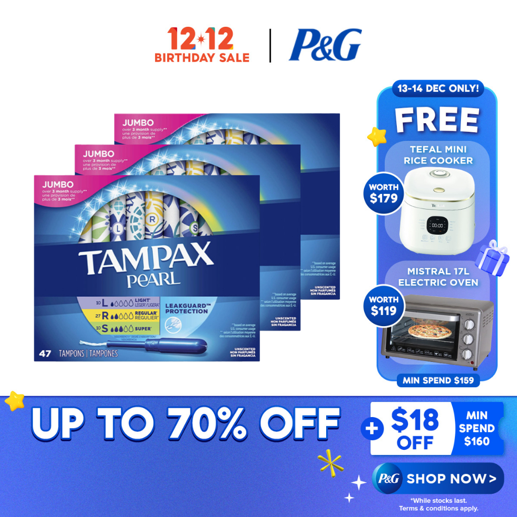[Bundle of 3] Tampax Pearl Triple Pack Unscented 47's + Free 18s Pack ...