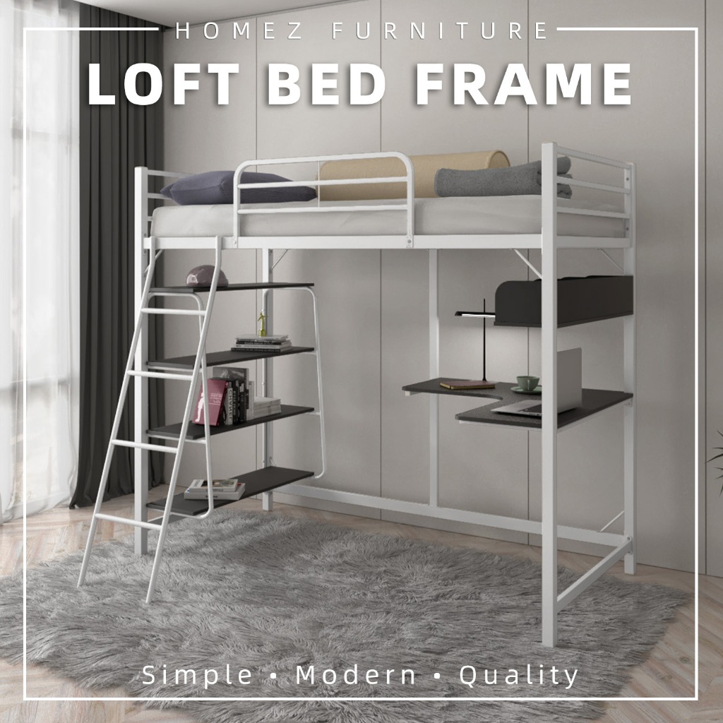Loft Bed Frame Study Table & Book Shelves - Single - 3VAH904-WHT/HMZ-FN ...