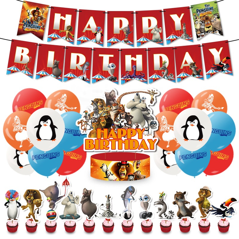 Madagascar Birthday Theme Set: HBD Banner, Big Cake Topper, Cupcake ...