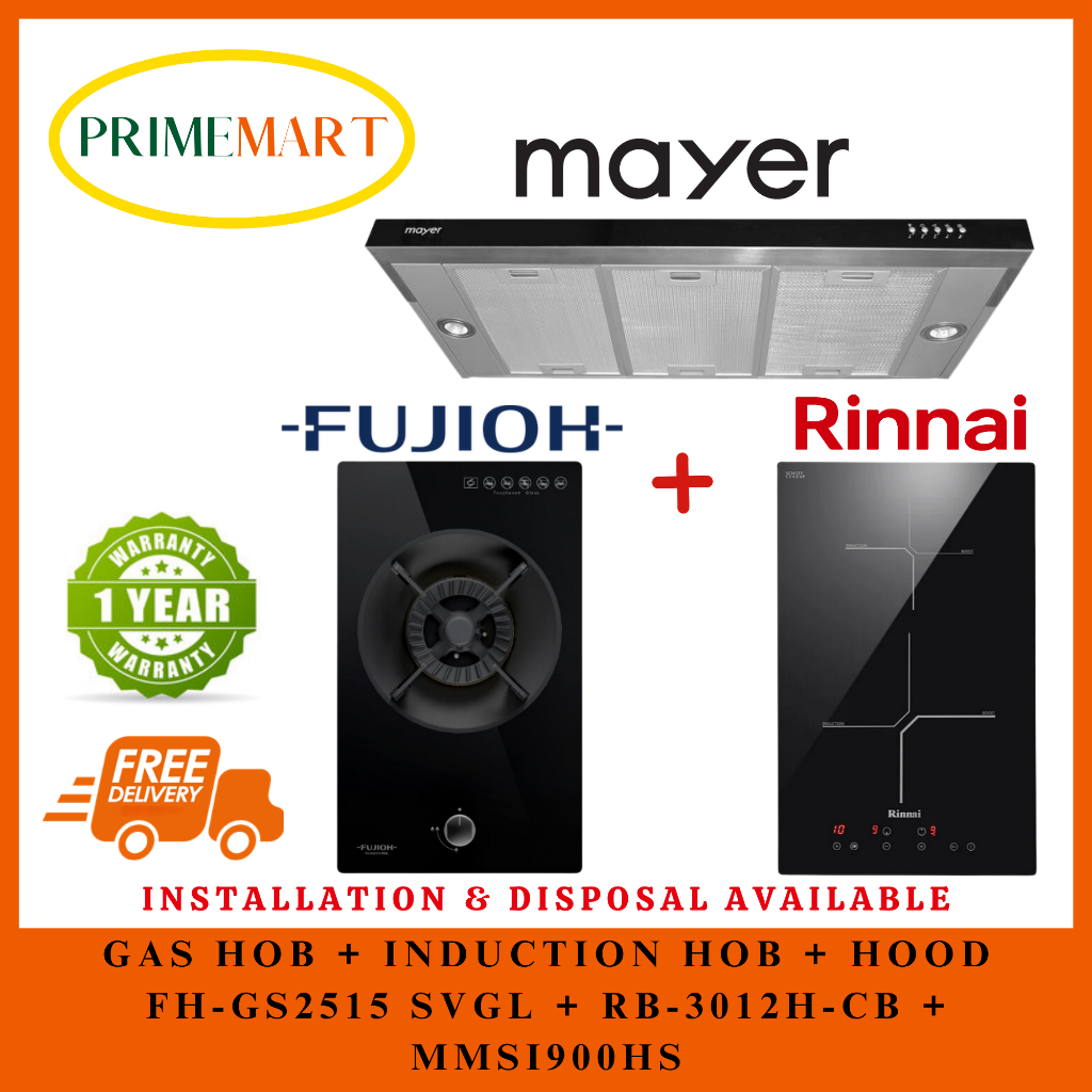FUJIOH FH-GS2515 SVGL DOMINO GAS HOB 1 BURNER + RINNAI RB-3012H-CB INDUCTION HOB + MAYER ...