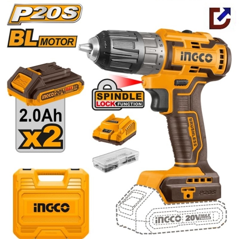 INGCO 20V 2.0Ah Li-on Brushless Impact Drill with 2 pcs Battery Pack, 1 ...