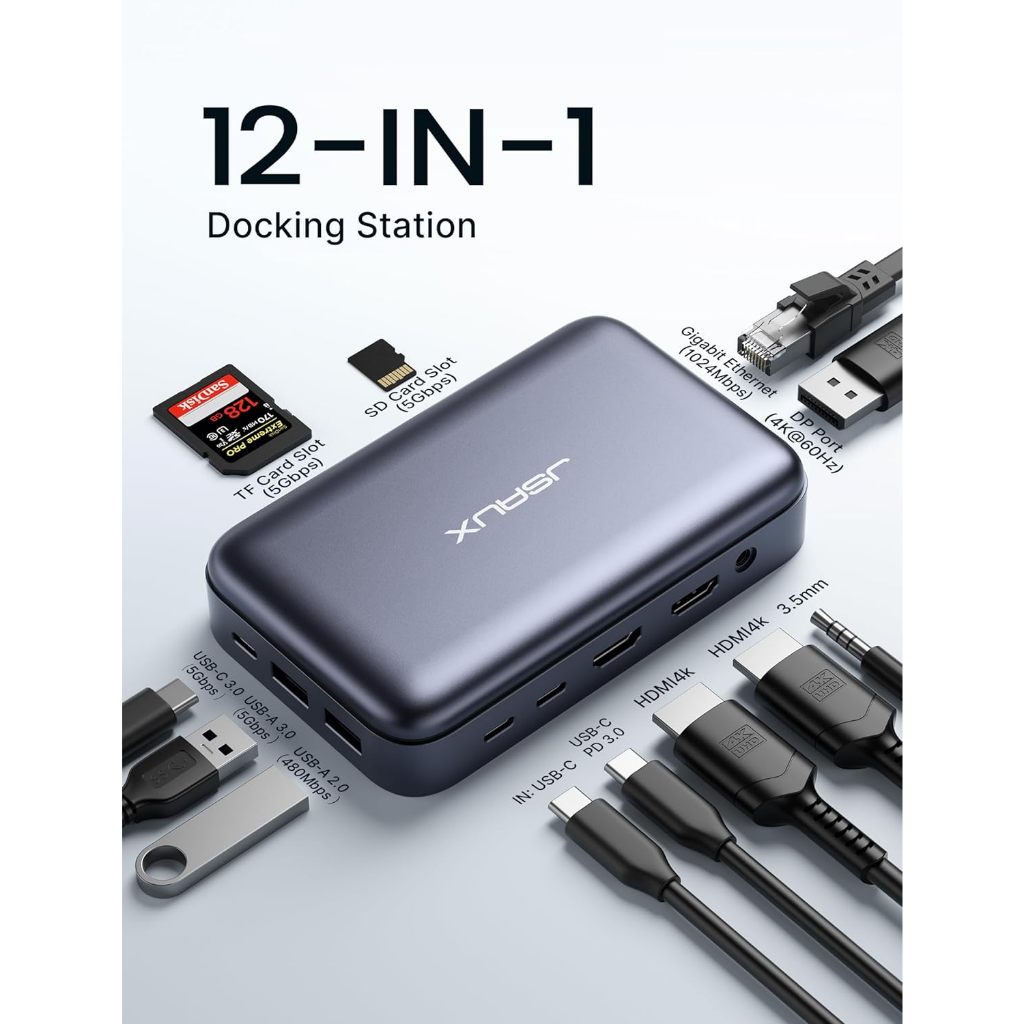 JSAUX Docking Station 12-IN-1 USB-C Hub Dock for 3 Monitor with 4K DP ...