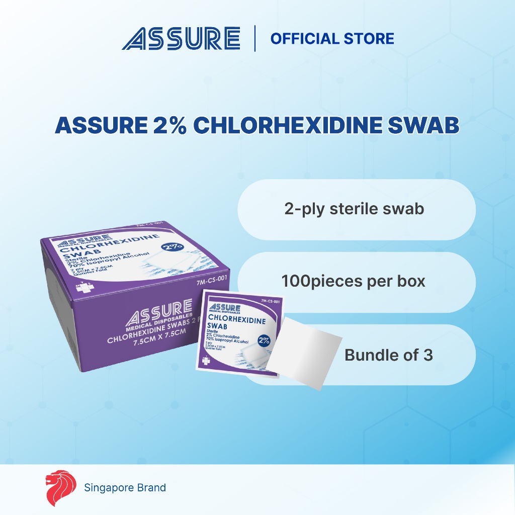 [Bundle of 3] ASSURE 2% Chlorhexidine & 70% Alcohol Swab 7.5cm x 7.5cm ...