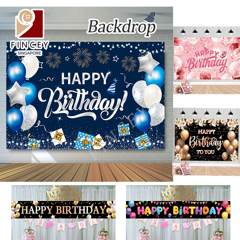 【SG】Birthday Backdrop Banner Sign Poster Large Fabric Balloon Fireworks ...