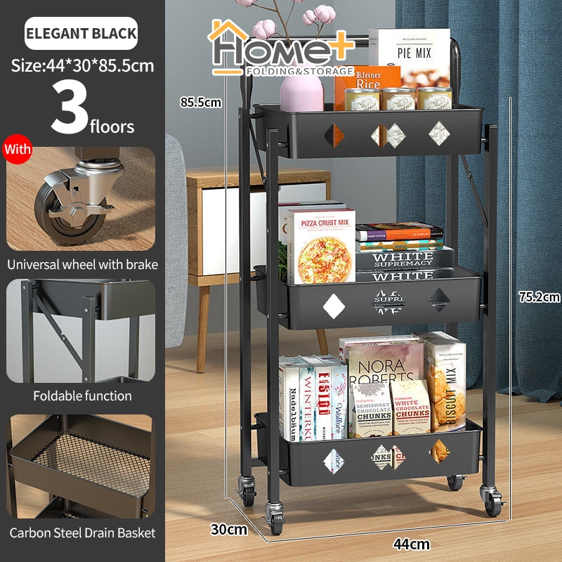 (HOME+) 3 Tier Kitchen Trolley Storage with Handle Folding Kitchen ...
