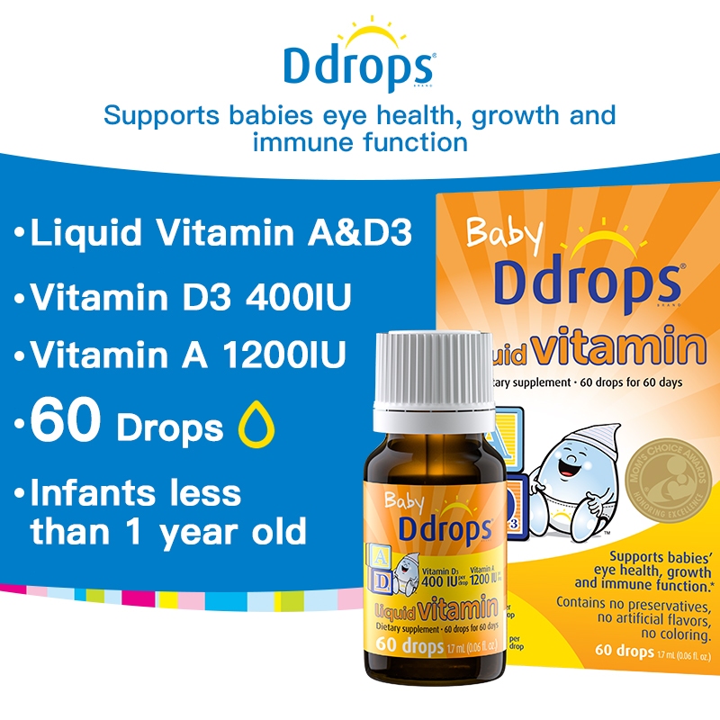 Baby Ddrops Liquid Vitamin D3 400IU Vitamin A 1200IU Supplement for Infants 60 Drops(1.7ML ...