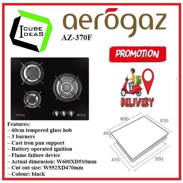 Aerogaz 60cm Tempered Glass Gas Hob with 3 Burners AZ-370F| Express ...
