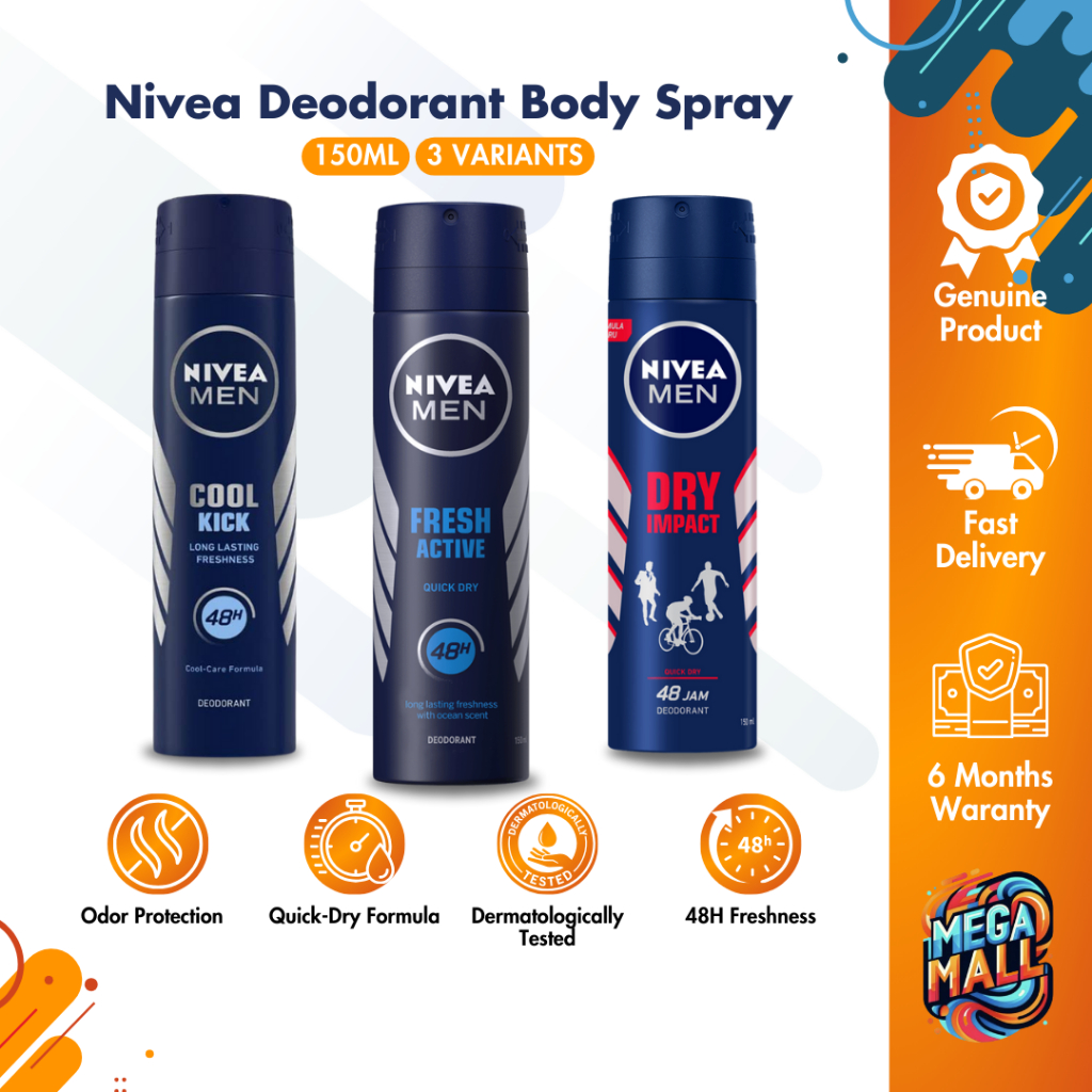 Nivea Deodorant Body Spray 150ml 48H Freshness for Men Fresh Active Dry ...