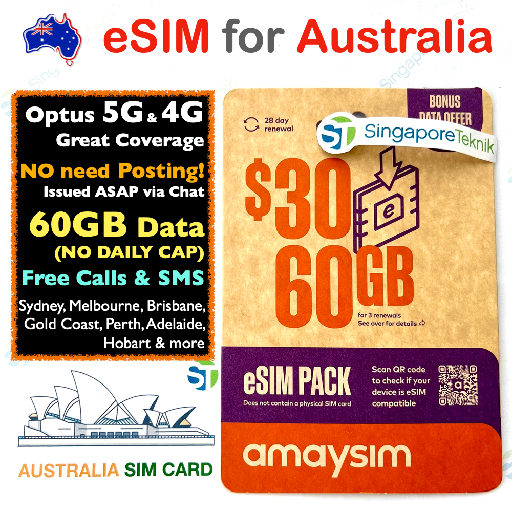 AUSTRALIA ESIM 60GB DATA 5G 4G Prepaid SIM Card Optus AU Sydney Melbourne Perth Brisbane Gold ...