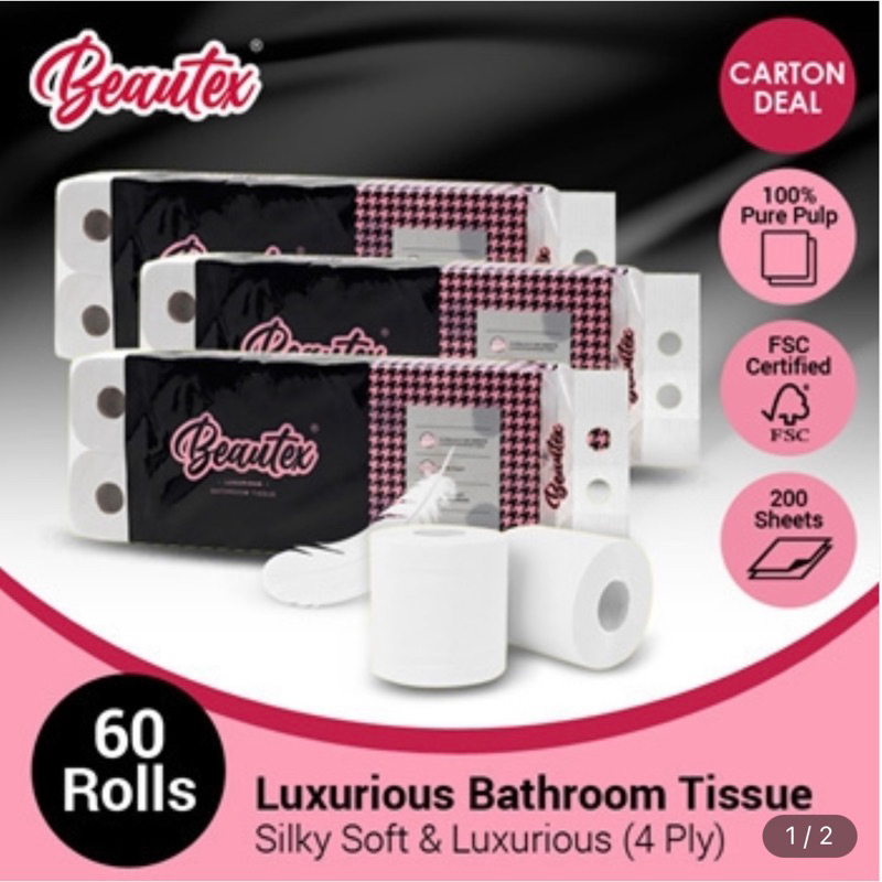 Beautex 4Ply Bathroom Tissues 60 rolls / Toilet Paper - Soft Luxurious ...