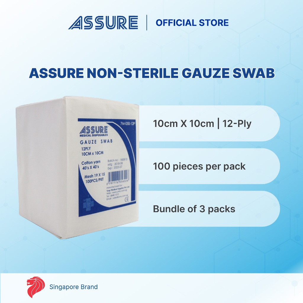 [Bundle of 3] ASSURE Gauze Swab Non-Sterile (10cm X 10cm X 12-Ply) 100 ...