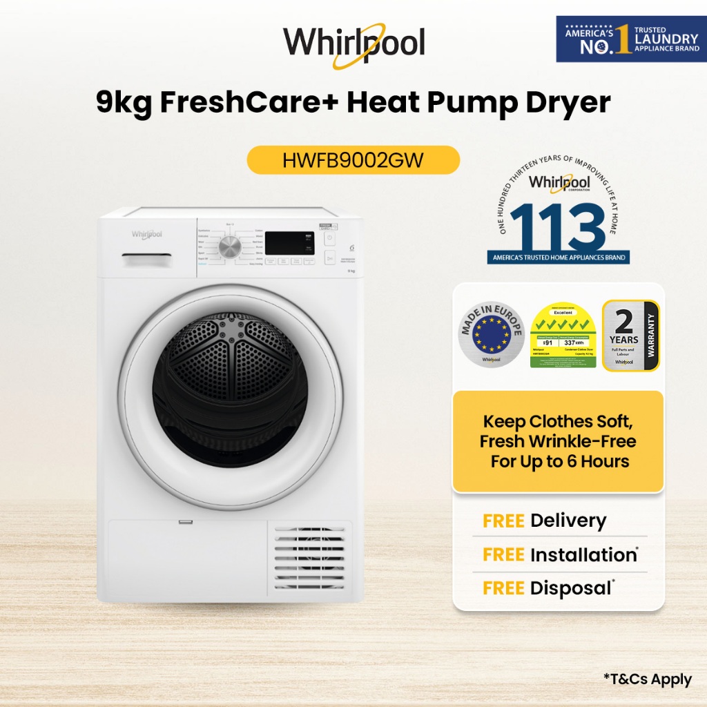 Whirlpool HWFB9002GW 9kg Freshcare+ Heat Pump Dryer with 2 Years Warranty | Shopee Singapore