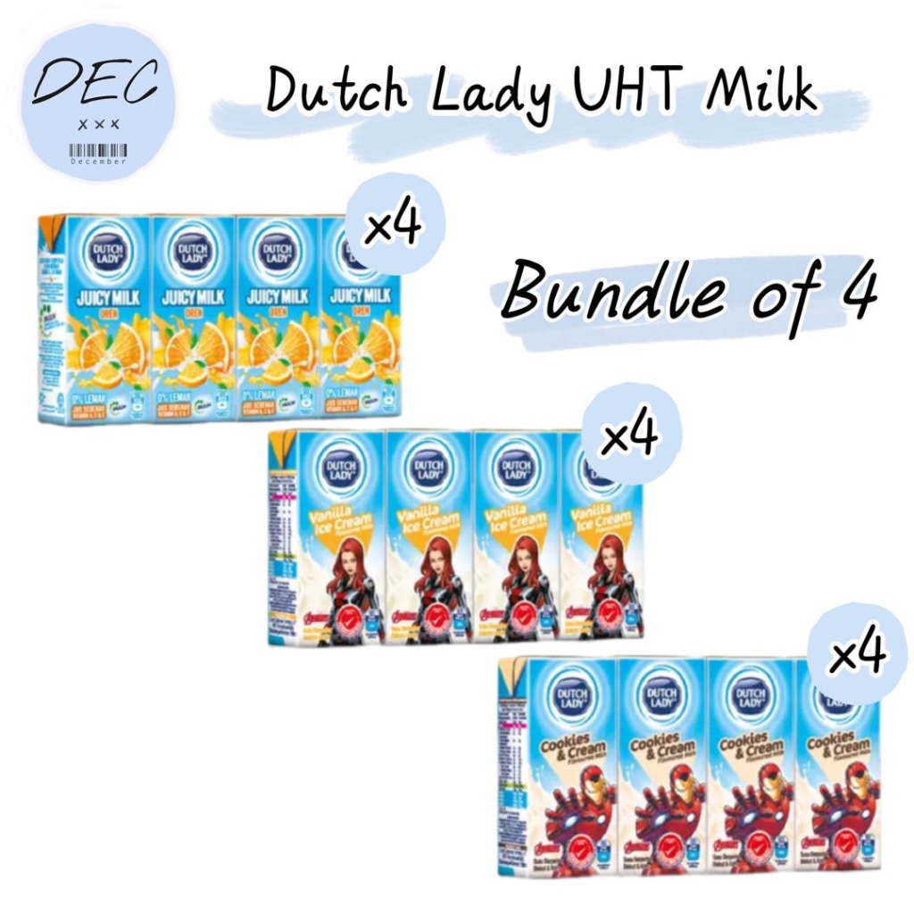[Bundle of 4]Dutch Lady UHT Milk Juicy Milk Orange/Vanilla Ice Cream/Cookies & Cream 130ml x ...