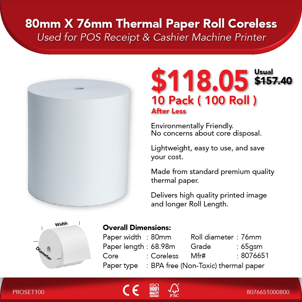 80mm X 76mm 65gsm Thermal Paper Roll Coreless | 10 Pack ( 100 Roll ...