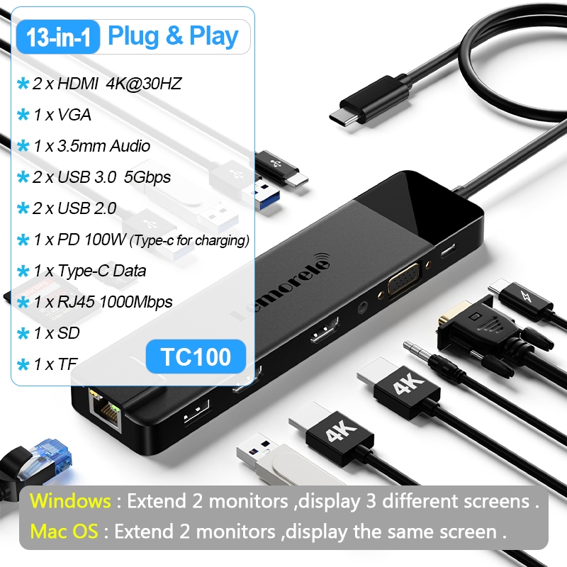 Lemorele Usb C Hub Docking Station Laptop Type C Dock Hdmi Splitter ...